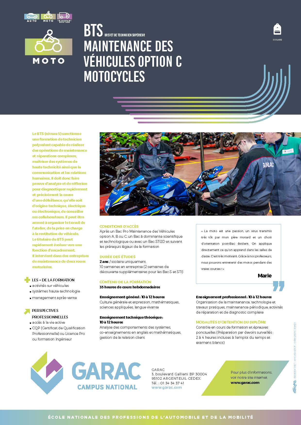 BTS Maintenance des véhicules option motocycles - technicien moto | GARAC